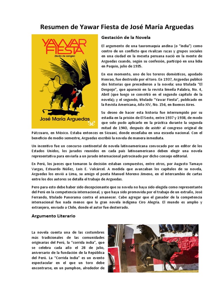 Resumen de Yawar Fiesta de José María Arguedas | PDF