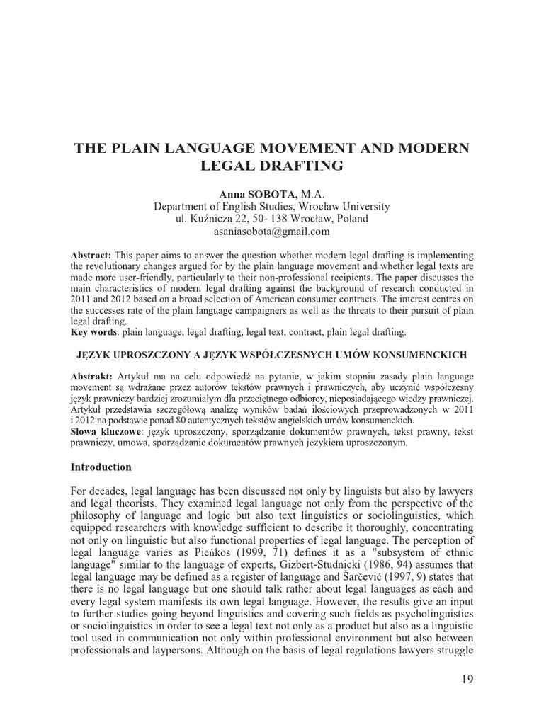 The Plain Language Movement and Modern Legal Drafting: Anna SOBOTA, M.A ...