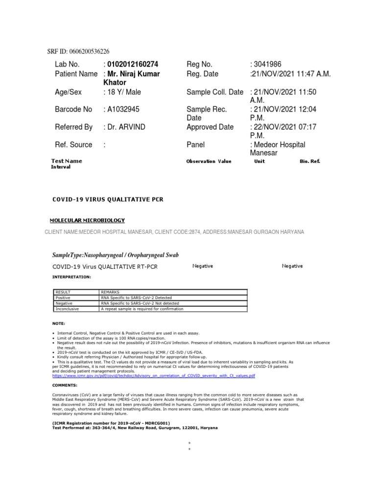 Negative COVID-19 PCR Test Result | PDF | Infection | Medical Specialties