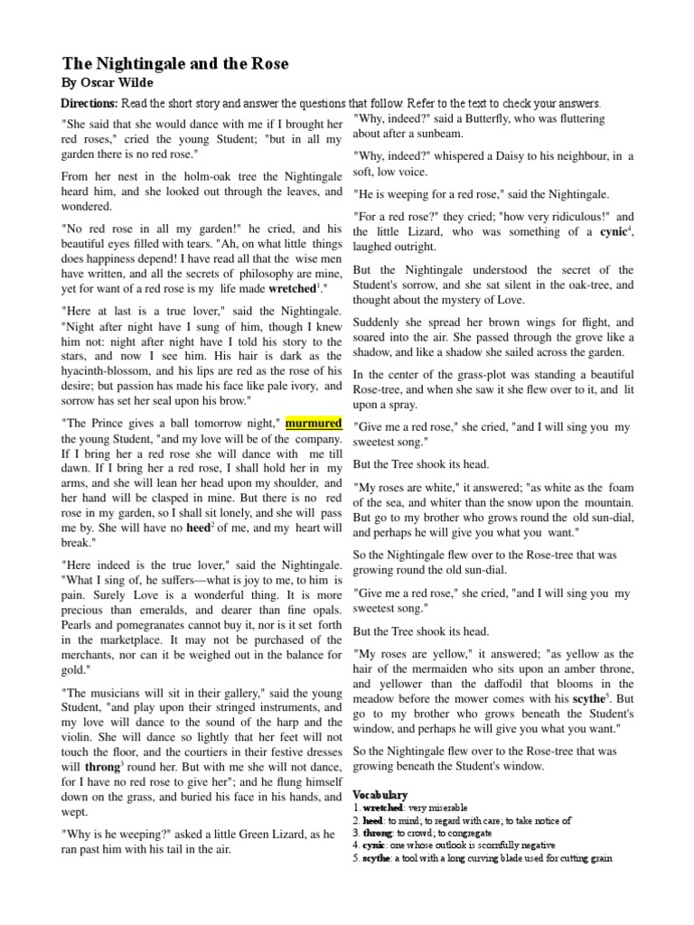 The Nightingale and The Rose: by Oscar Wilde | PDF