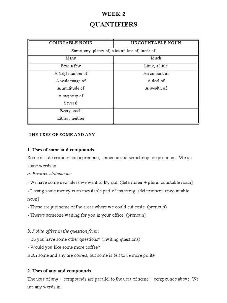 Week 2 Quantifiers Pdf Noun Plural