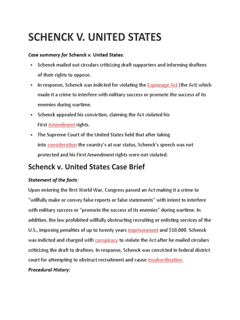 SCHENCK Vs USA | PDF | First Amendment To The United States ...