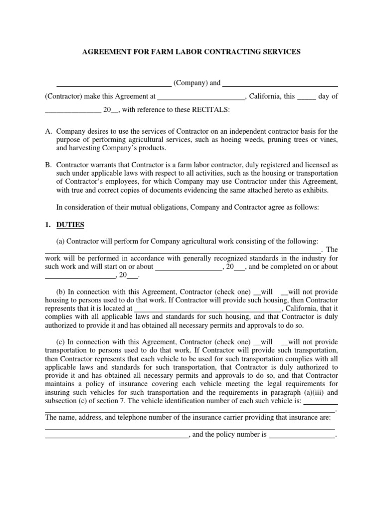 Agreement For Farm Labor Contracting Services | PDF | Employment ...