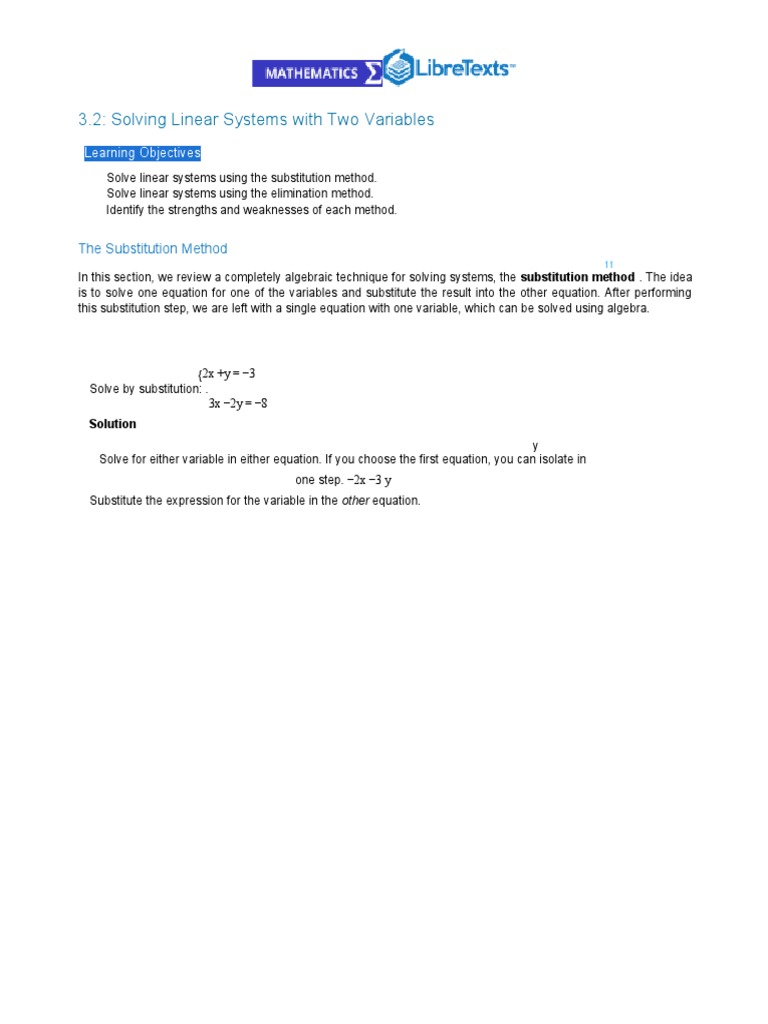3.2: Solving Linear Systems With Two Variables: The Substitution Method ...