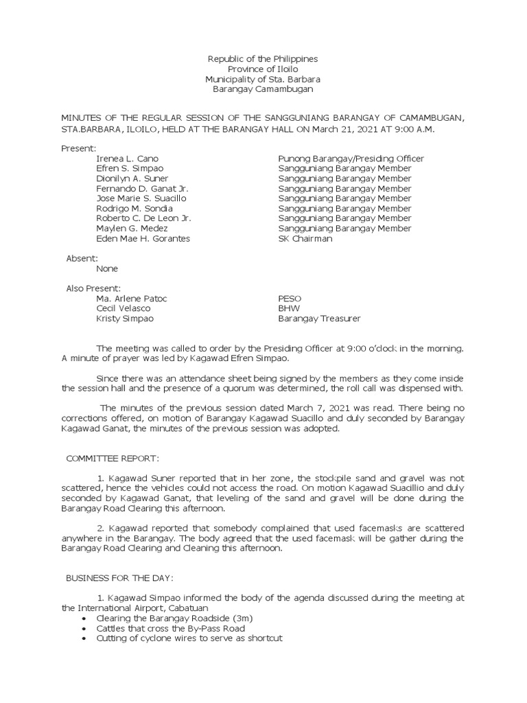 Minutes of Regular Session (March 2021) | PDF