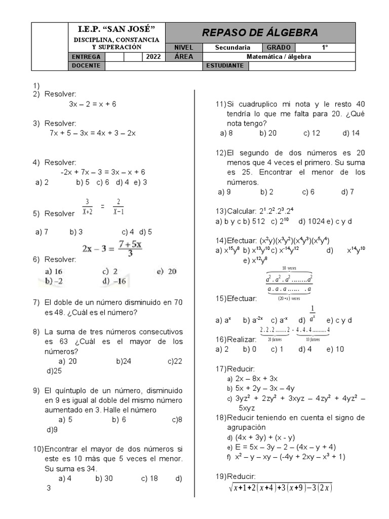 Algebra Repaso Sexto Grado | PDF | Matemáticas | Álgebra
