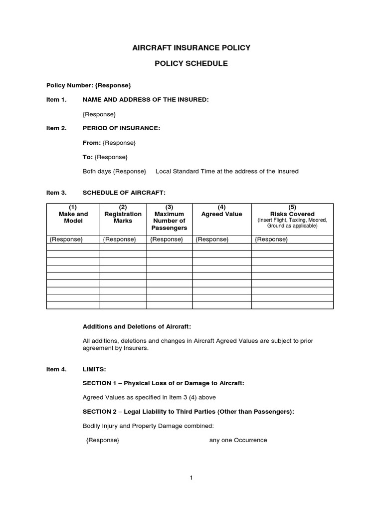 Aircraft Insurance Policy Policy Schedule: (Insert Flight, Taxiing ...