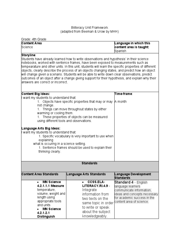 Biliteracy Framework for 4th Grade Science | PDF | Science | Vocabulary