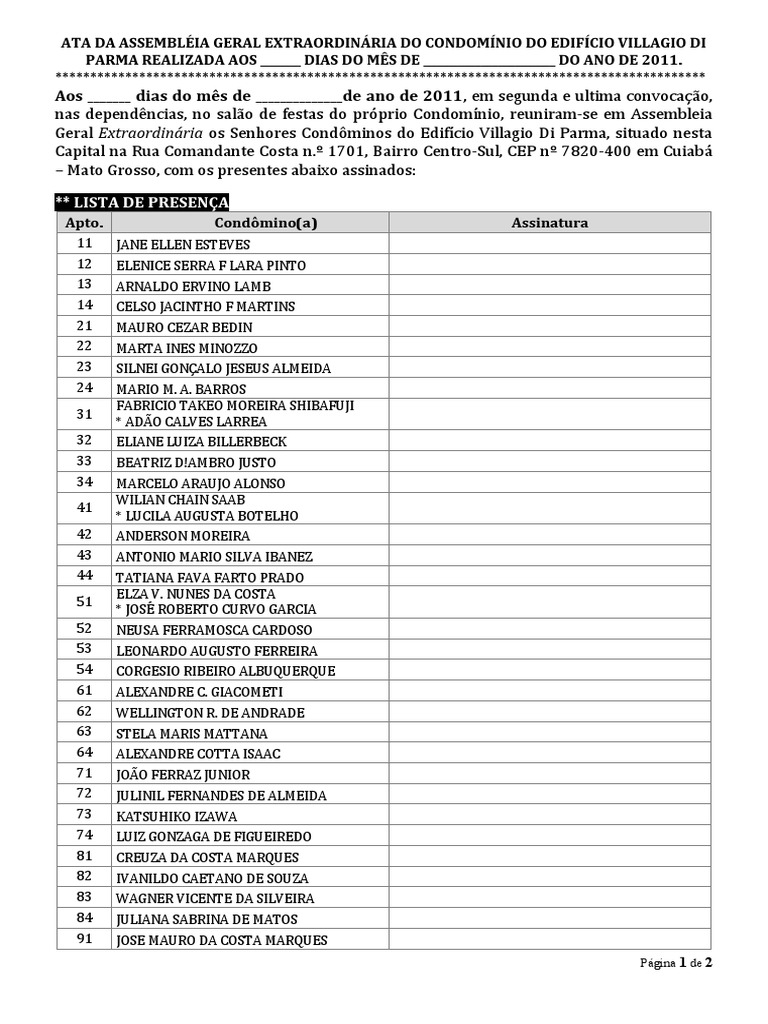Modelo - Lista de Presença para Assembleia | PDF