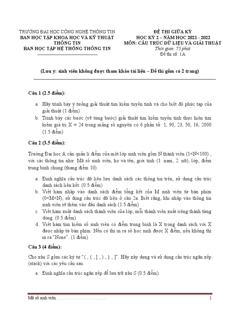 DSA Đề thi mẫu 01 | PDF