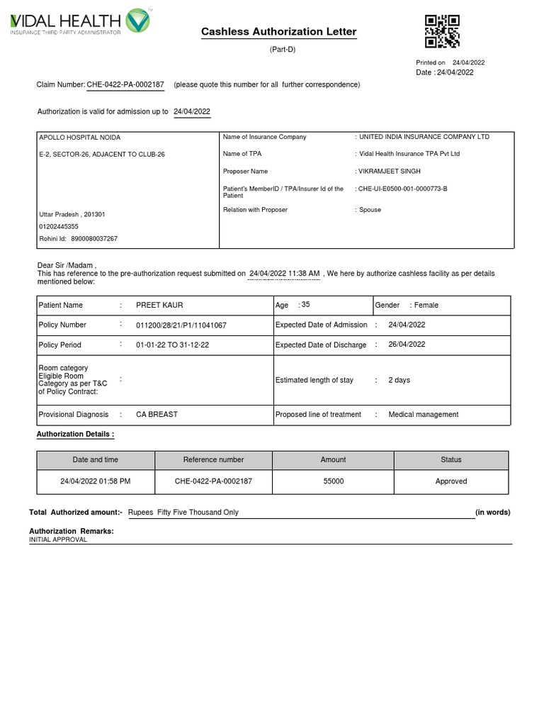 Cashless Authorization Letter | PDF | Insurance | Identity Document