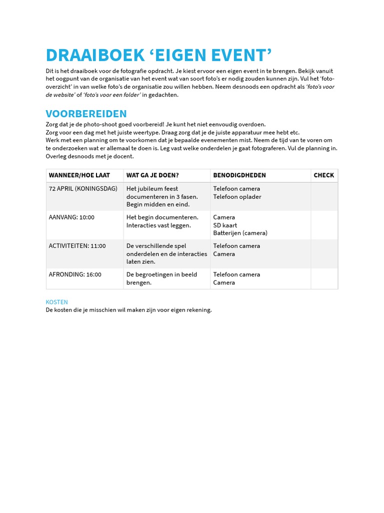 Draaiboek Eigen Event': Voorbereiden | PDF
