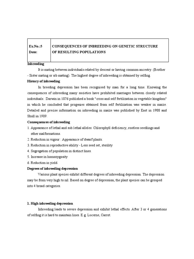Ex 5 Consequences Of Inbreeding On Genetic Structure Of Resulting