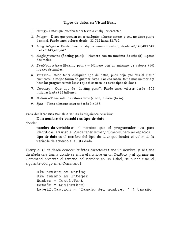 Tipos de Datos y Variables en Visual Basic | PDF | Variable (informática) | Tipo de datos