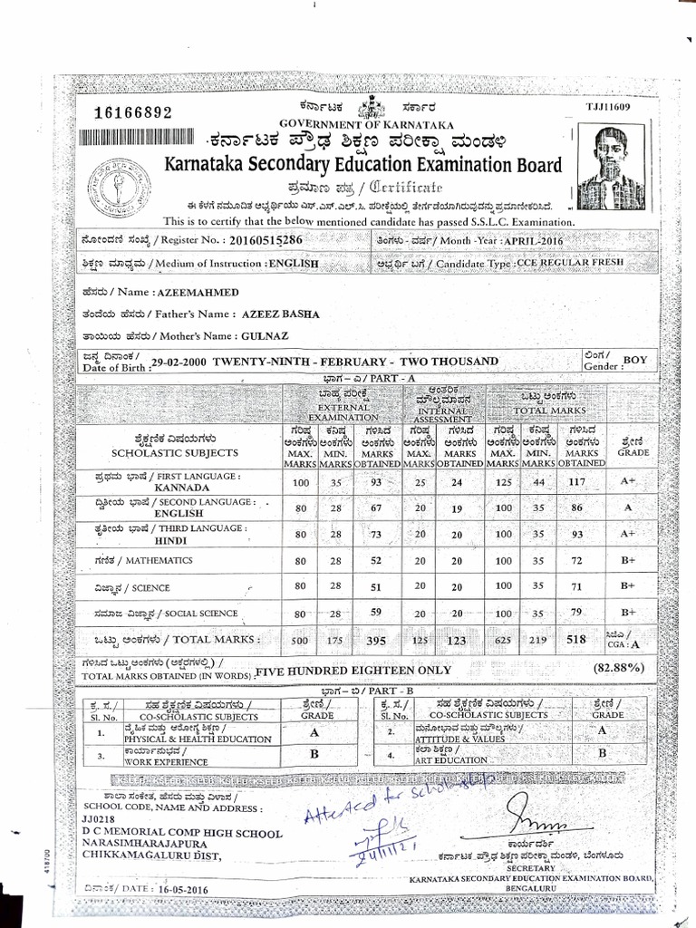 Karnataka Secondary Education Examination Board: /certificate | PDF