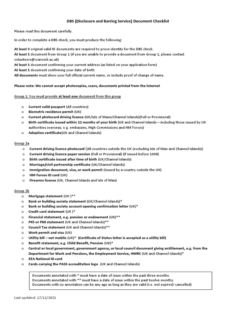 DBS (Disclosure and Barring Service) Document Checklist | PDF ...