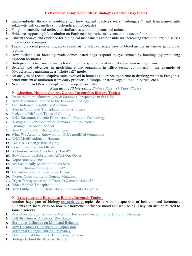 EE - IB Extended Essay Topic Ideas FOR BIOLOGY | PDF | Biology | Evolution