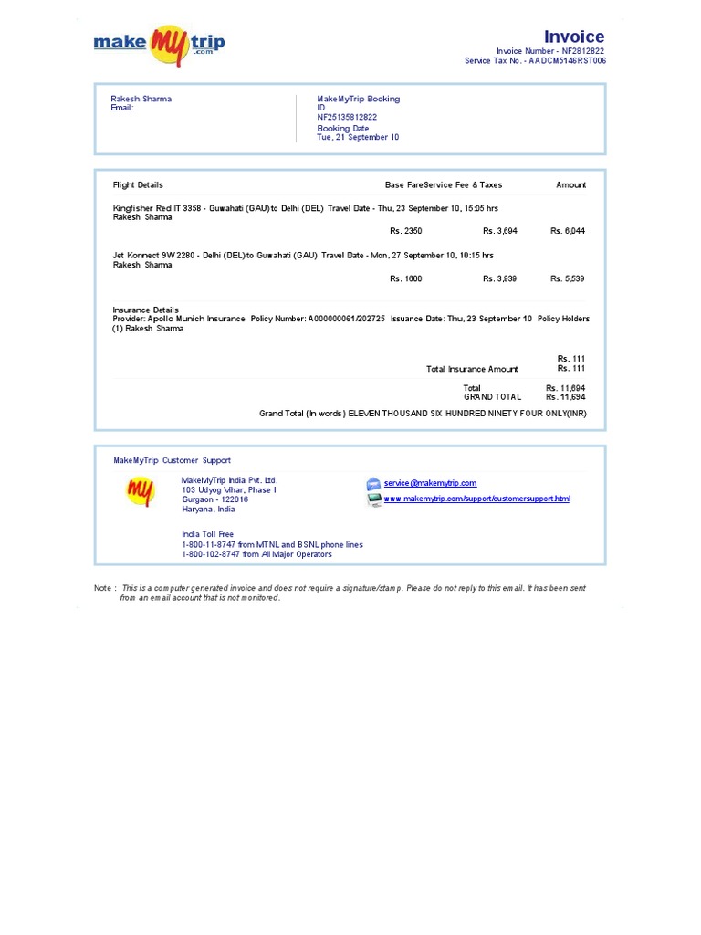 Invoice: Rakesh Sharma Makemytrip Booking Id Booking Date | PDF ...