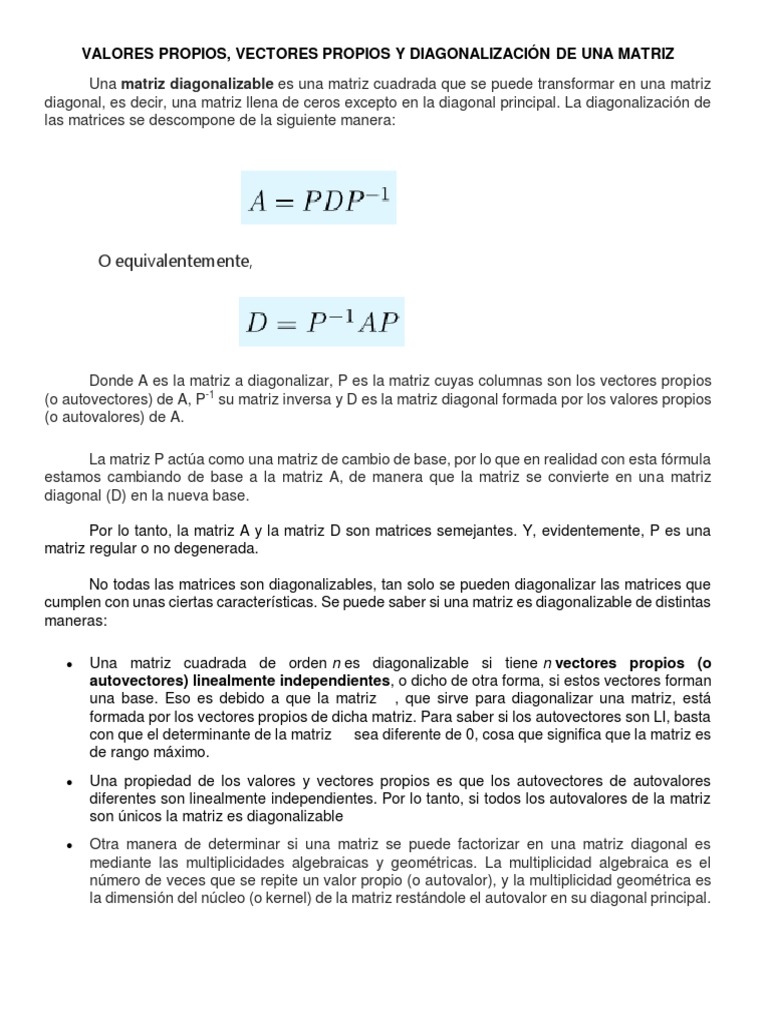 Valores Propios, Vectores Propios y Diagonalización de Una Matriz | Descargar gratis PDF ...