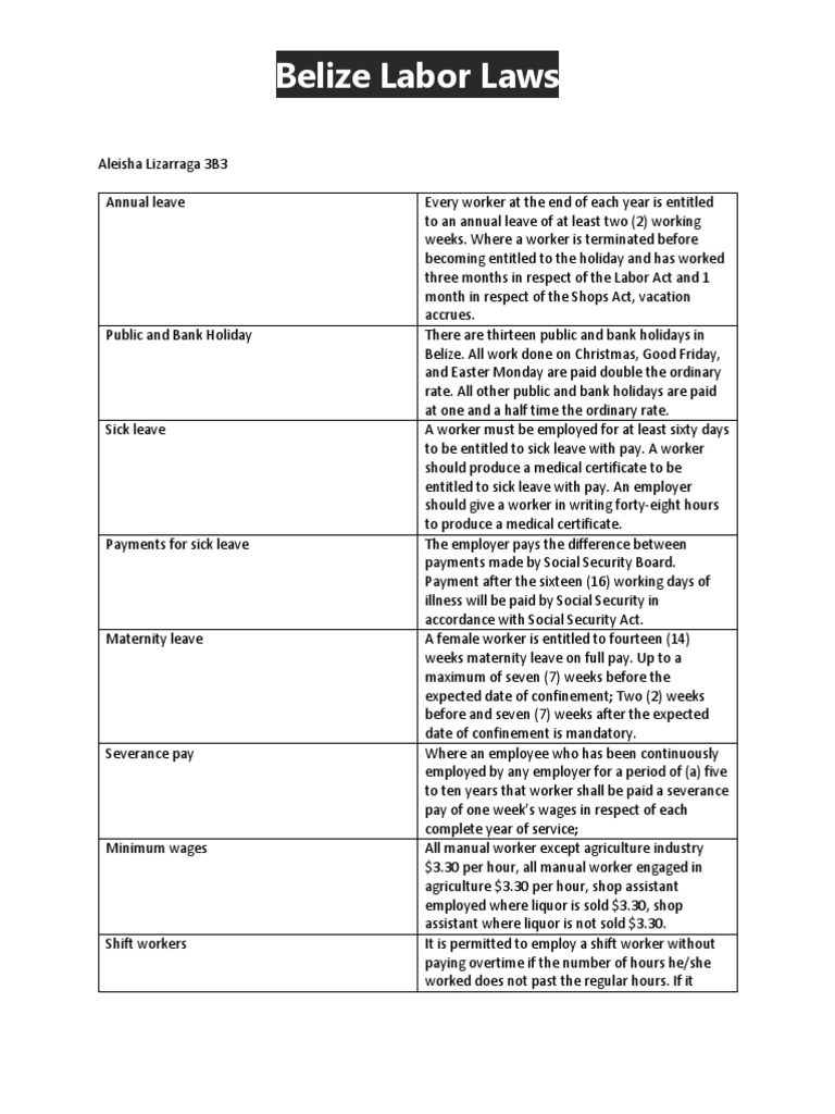 Belize Labor Laws | PDF | Sick Leave | Overtime