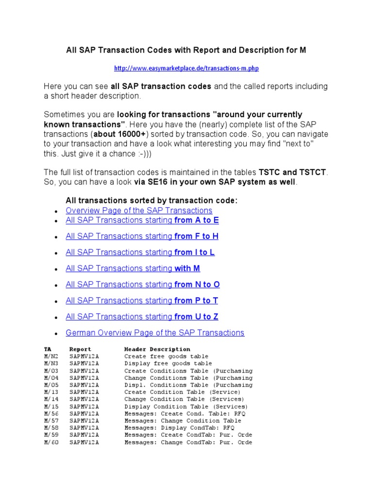 All SAP Transaction Codes With Report and Description For M | PDF ...
