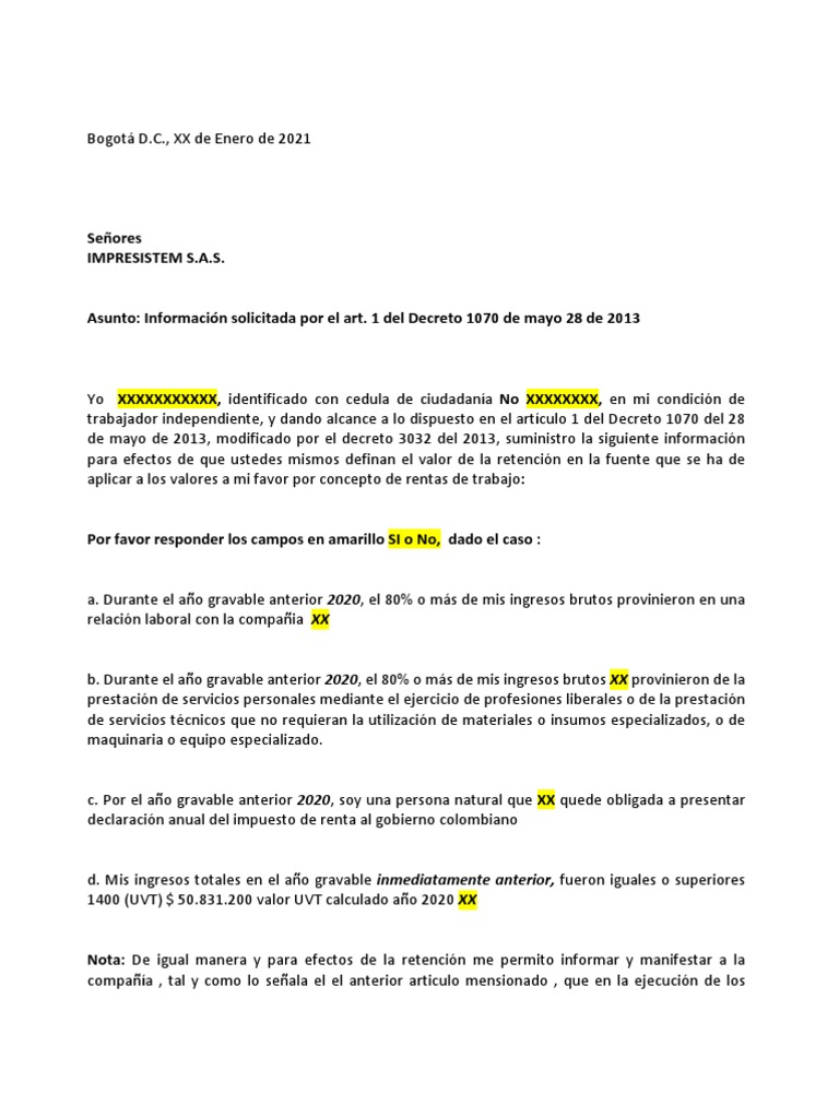 Formato Carta No Responsable de Iva 2021 | PDF