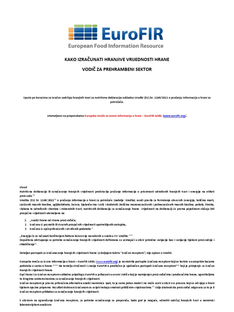 Kako Izračunati Hranjive Vrijednosti Hrane Vodič Za Prehrambeni Sektor | PDF