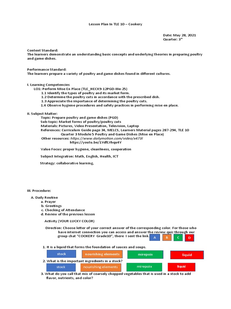 Lesson Plan In Tle 10 Poultry Pdf Poultry Stock Food