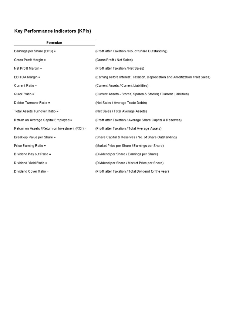 Key Performance Indicators (Kpis) : Formulae | PDF | Dividend | Expense