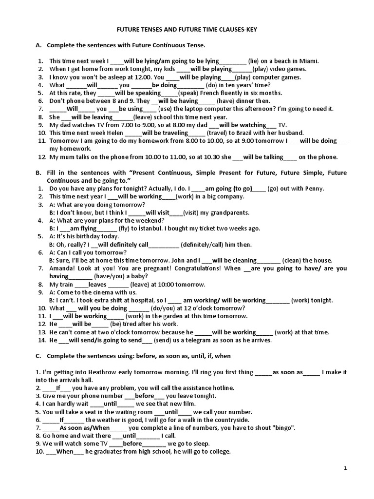 Future Tenses and Time Clauses Practice-Key | PDF | Linguistics | Grammar