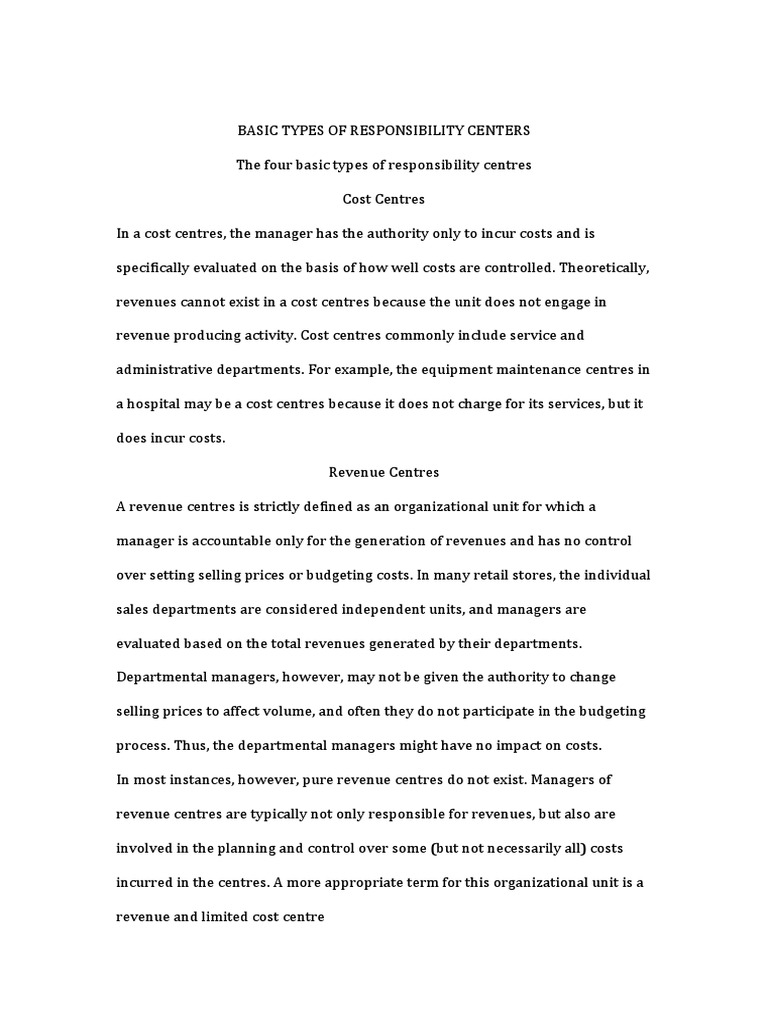 Basic Types of Responsibility Centers | PDF | Cost | Revenue