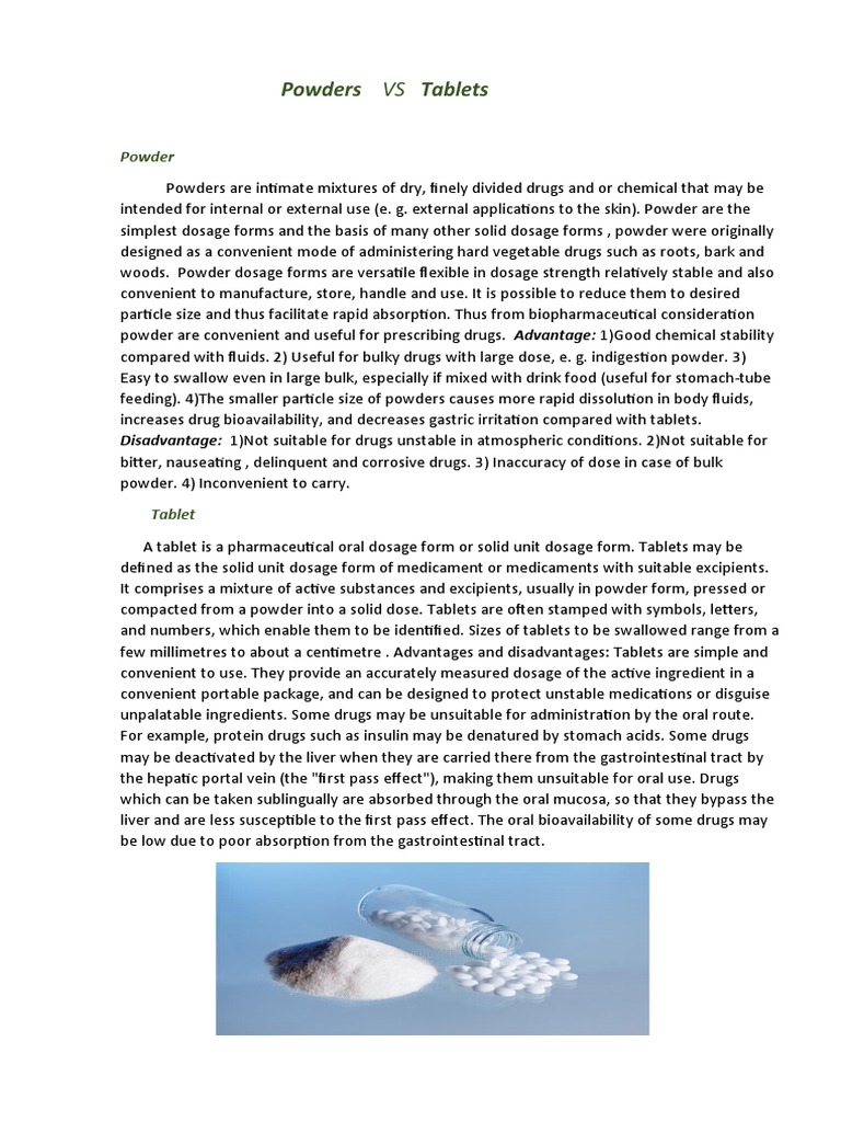 Powders VS Tablets: Powder | PDF | Tablet (Pharmacy) | Pharmacy