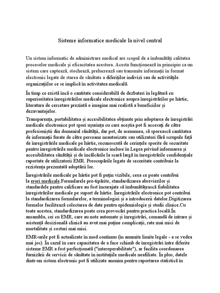 Sisteme Informatice Medicale La Nivel Central | PDF