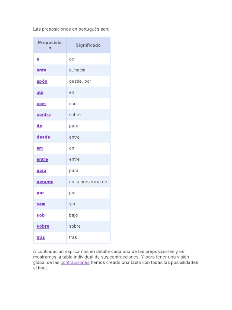 Las Preposiciones en Portugués Son | PDF | Preposición y Postposición ...
