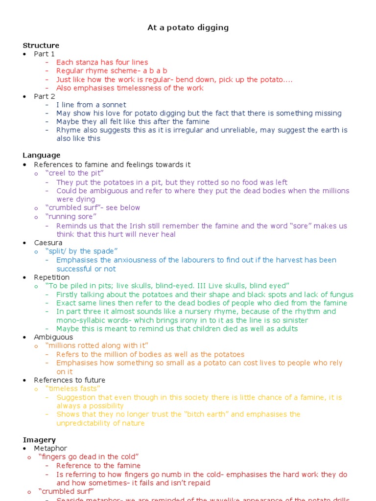 GCSE English Literature Poems at A Potato Digging | PDF | Rhyme | Poetry