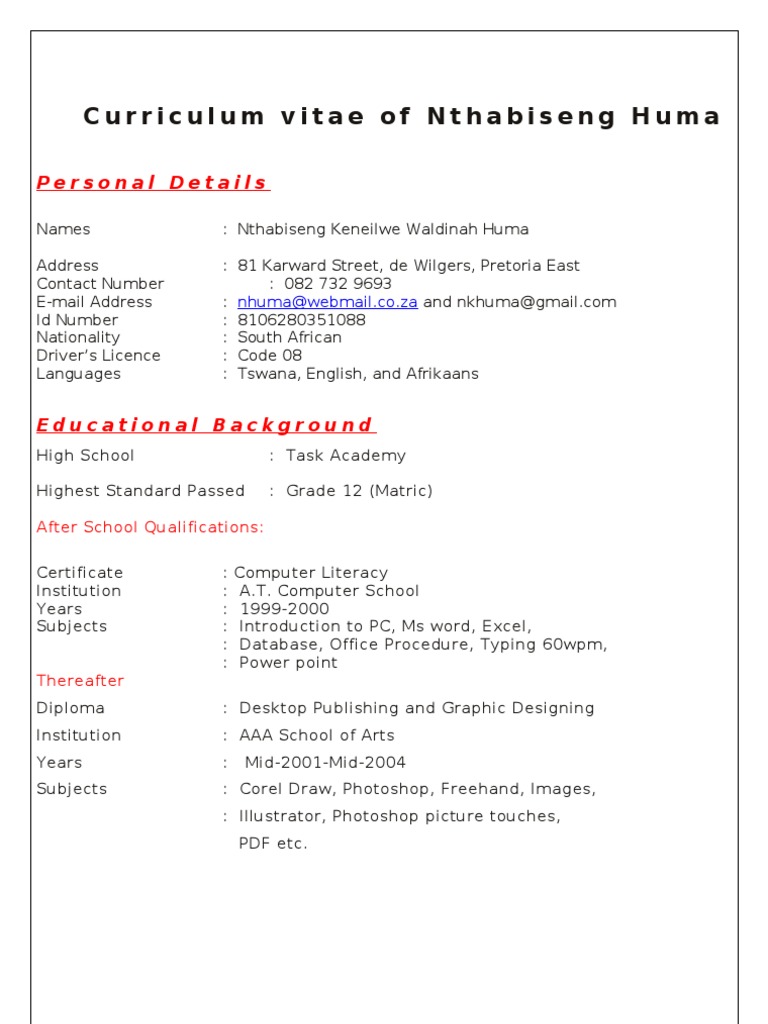Nthabiseng Huma's Curriculum Vitae | PDF | Graphic Design | Communication