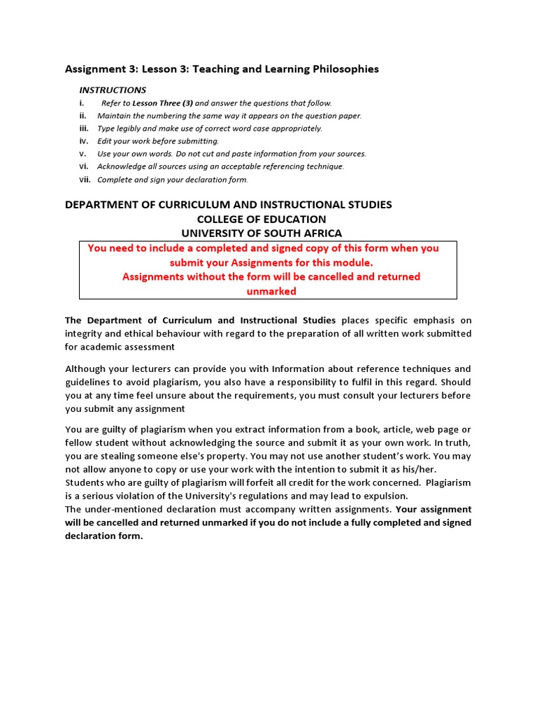 Assignment 3: Lesson 3: Teaching and Learning Philosophies ...