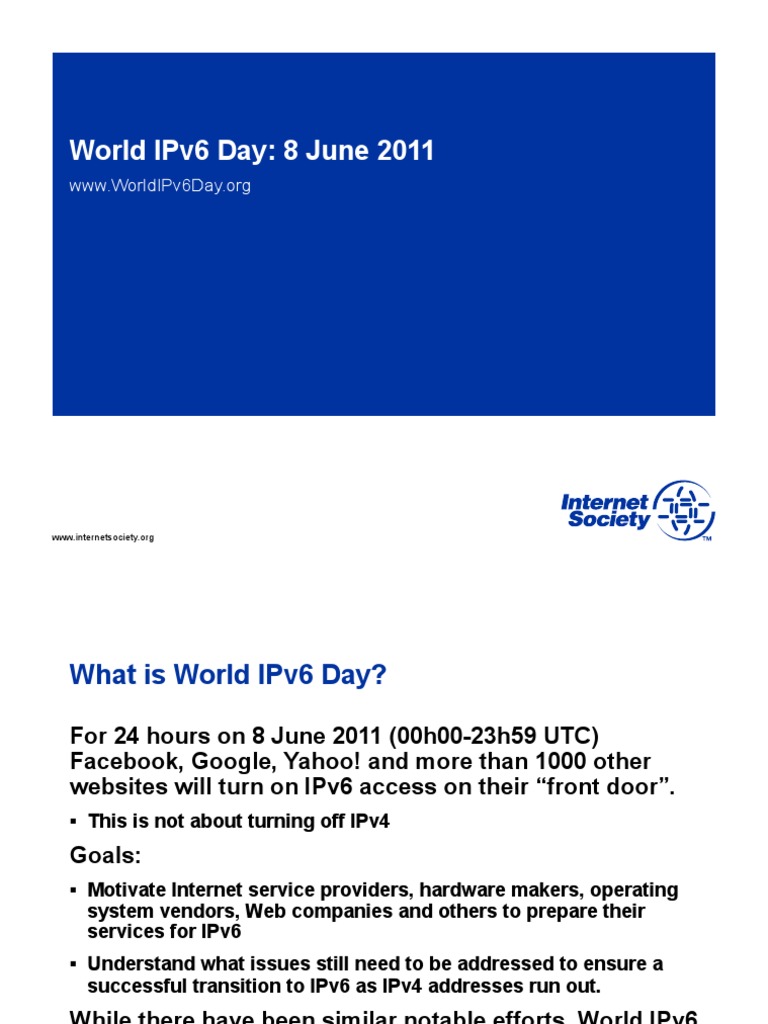 World IPv6 Day Overview and Goals | PDF | I Pv6 | Cyberspace