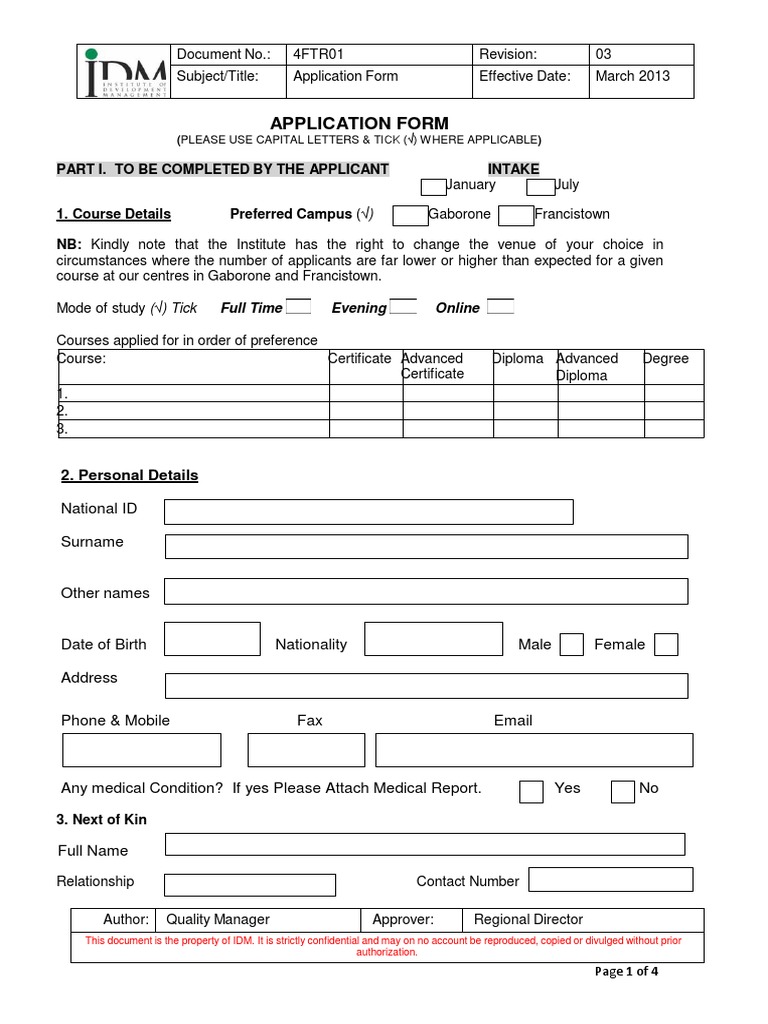 Application Form: ) Gaborone Francistown | PDF | Diploma