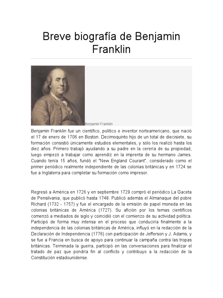 Breve Biografía de Benjamin Franklin | PDF | Benjamin Franklin Breve Biografía de Benjamin Franklin | PDF | Benjamin Franklin