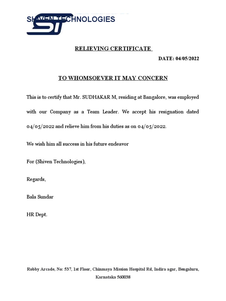 Shiven Technologies: Relieving Certificate | PDF