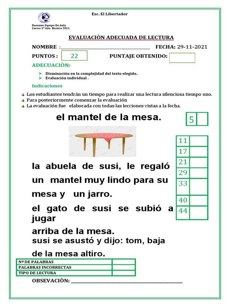 Evaluación de Lectura 1° Año Básico | PDF