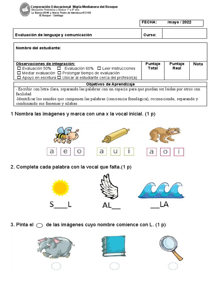 Prueba de Lenguaje Primero Básico | PDF | Palabra | Sílaba