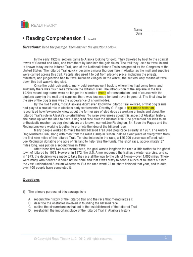 Level - 9 - Passage - 1 Student | PDF | Iditarod Trail Sled Dog Race ...