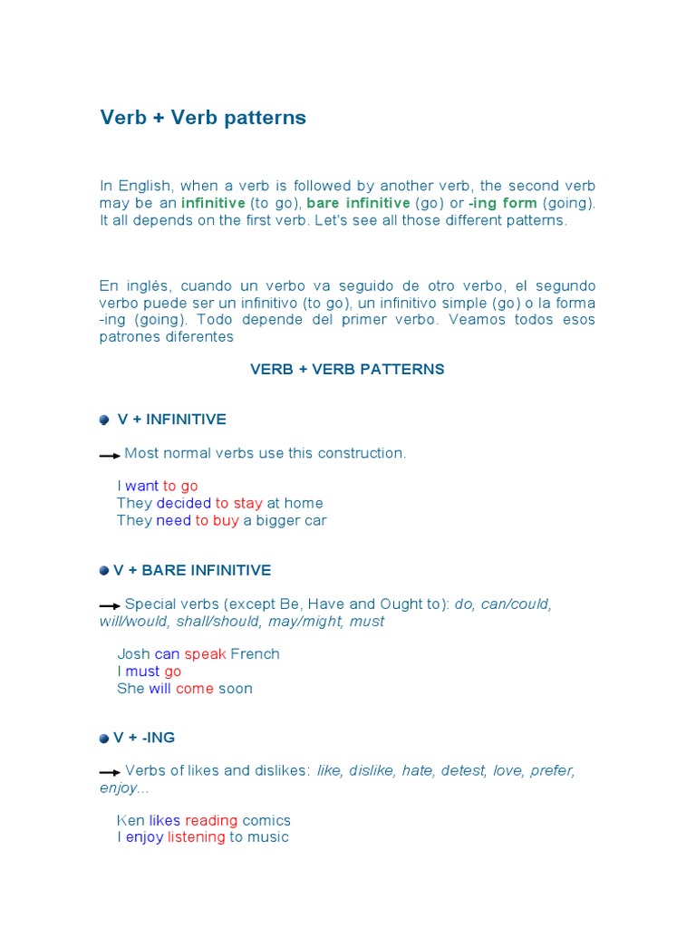 Verbs Patterns Explanation | PDF