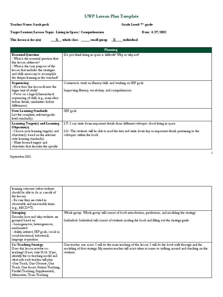 UWP Lesson Plan Template: Planning | PDF | Reading Comprehension ...