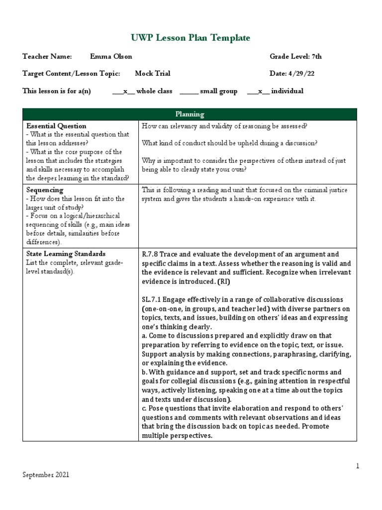 7th Grade Mock Trial Lesson Plan | PDF | Educational Assessment ...