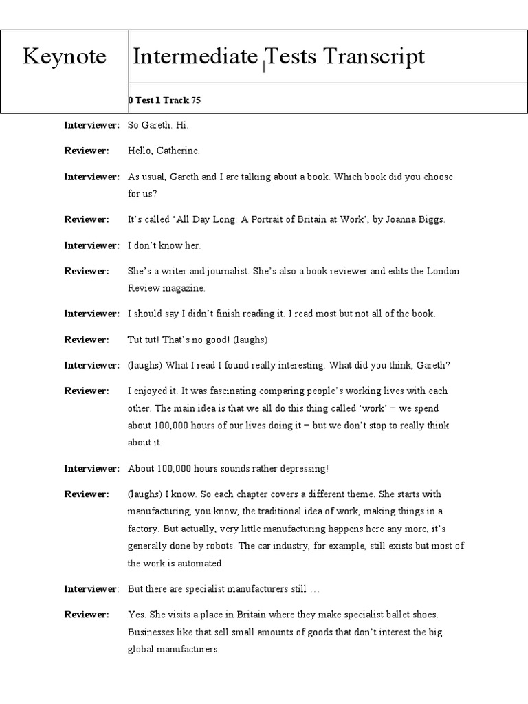 Intermediate Tests Transcript Keynote: Page 200 Test 1 Track 75 | PDF ...