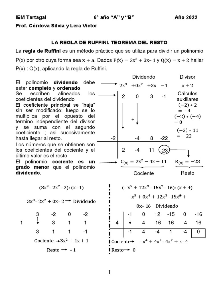 La Regla de Ruffini. Teorema Del Resto | PDF | División (Matemáticas ...