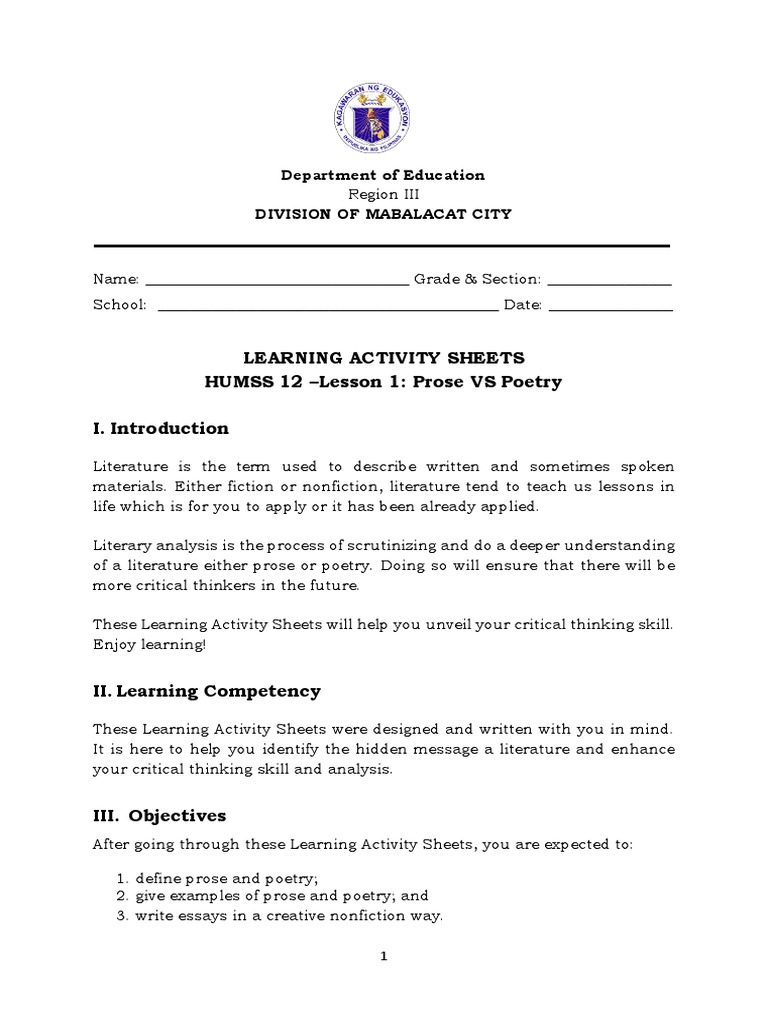 Learning Activity Sheets HUMSS 12 - Lesson 1: Prose VS Poetry | PDF ...